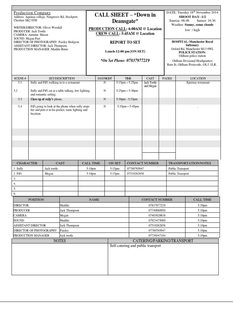 Film Crew Call Sheet | PDF
