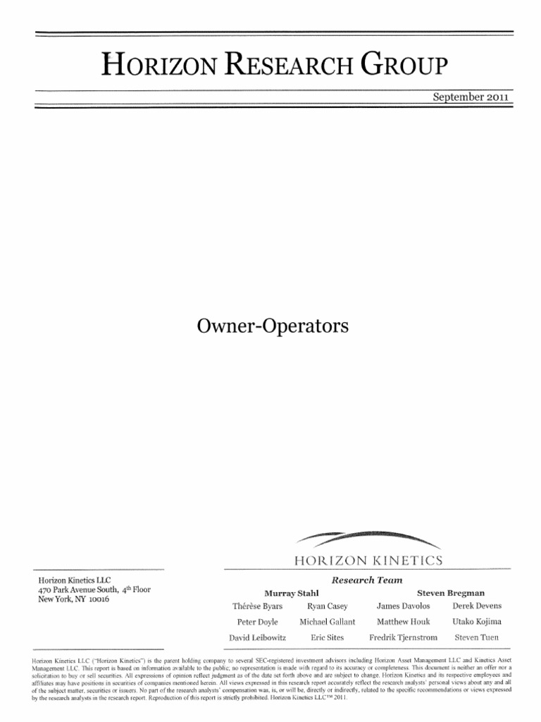 Horizon Kinetics Study of Owner Operators | PDF | Investor | Risk