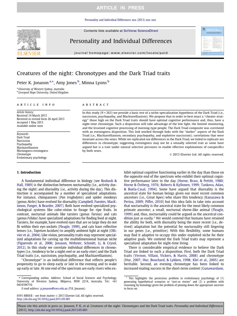 Creatures of The Night: Chronotypes and The Dark Triad Traits | PDF ...