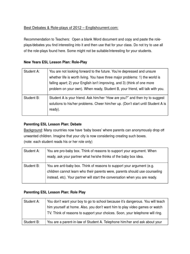 ESL Best Debate Topics Role Play | PDF | Lesson Plan | English As A ...