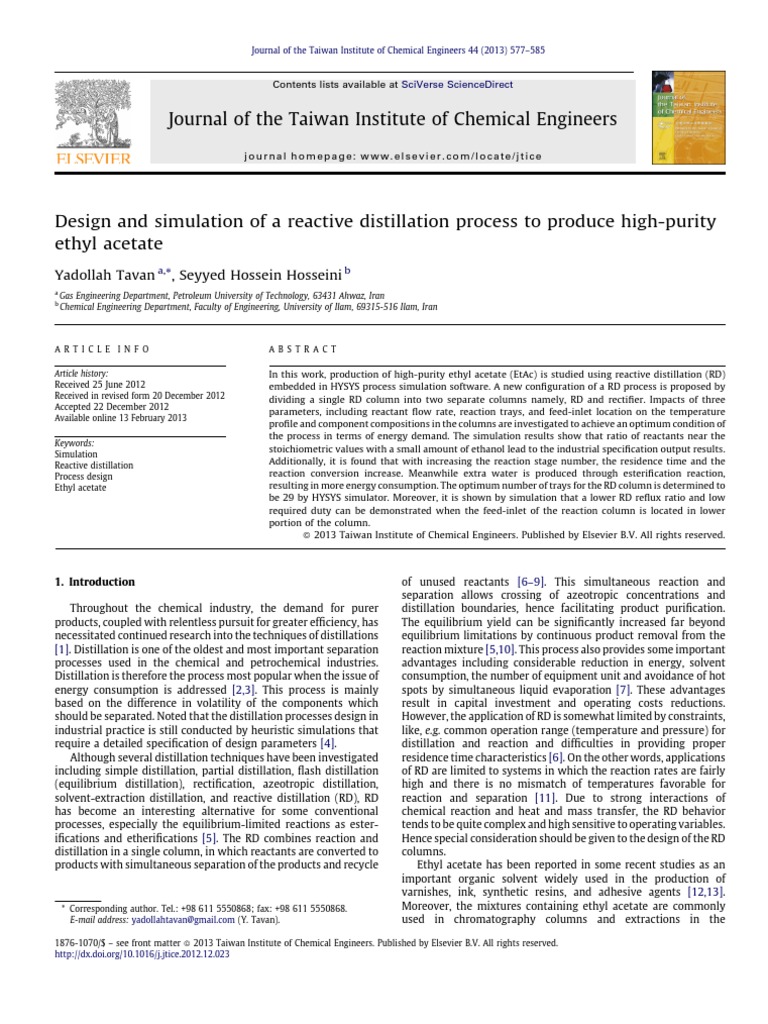 Design And Simulation Of A Reactive Distillation Process To Produce High Purity Ethyl Acetate