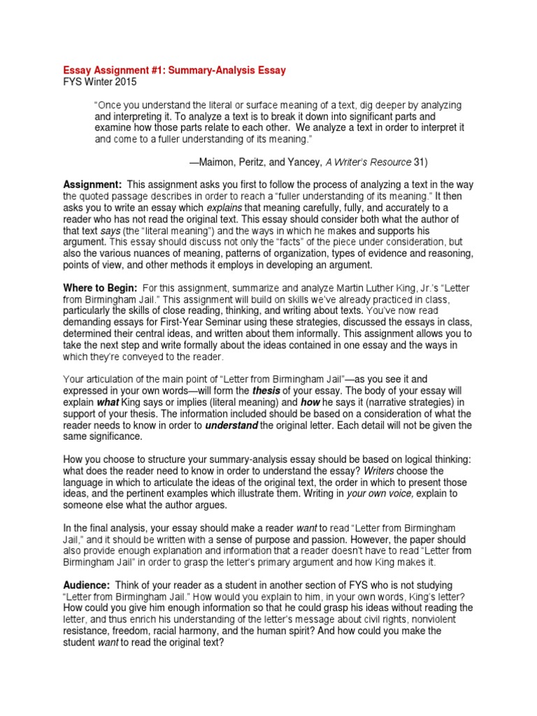Essay Assignment #1 - Summary Analysis Essay Assignment Sheet ...