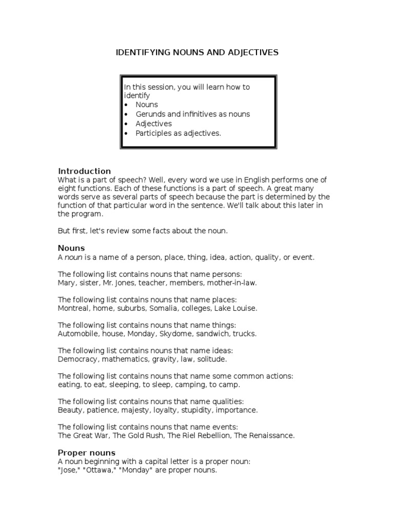 Identifying Nouns and Adjectives | PDF | Adjective | Part Of Speech