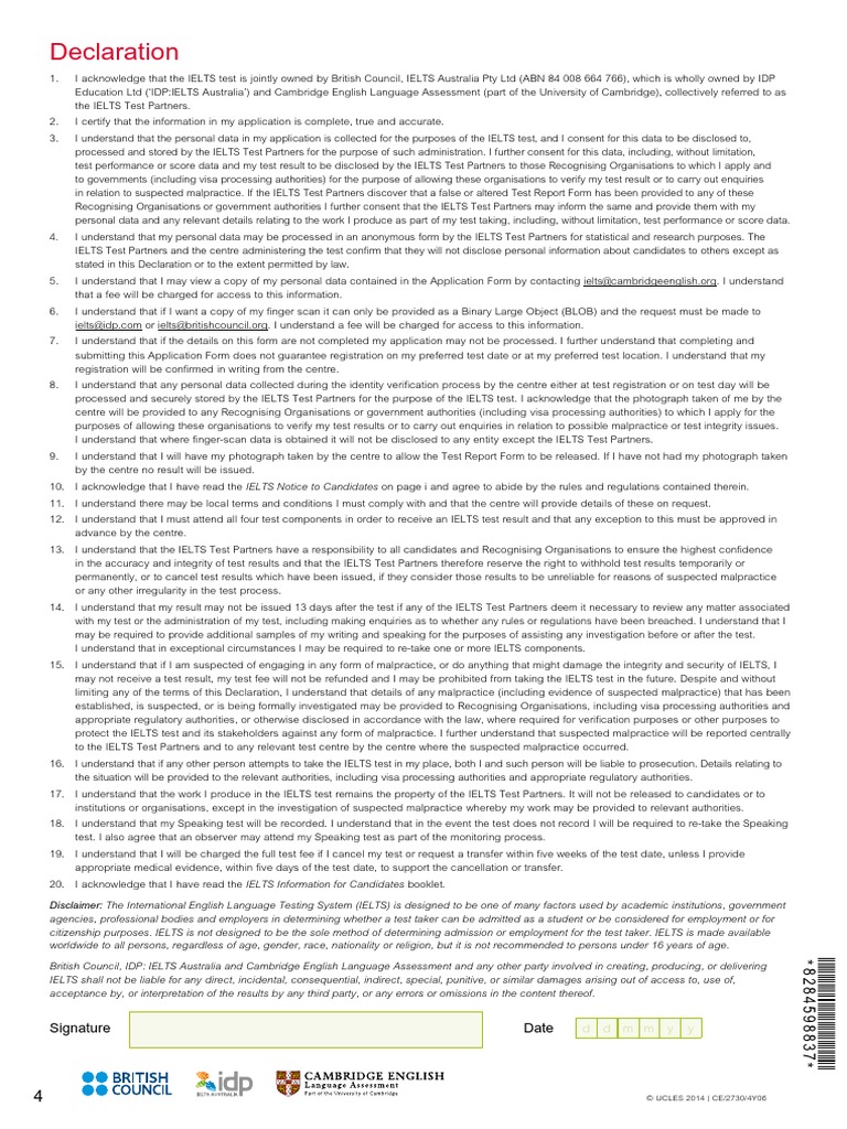 Candidate Declaration | PDF | International English Language Testing ...