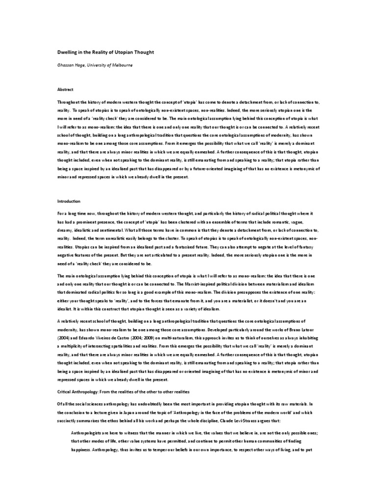 Dwelling in The Reality of Utopian Thought | PDF | Utopia | Reality