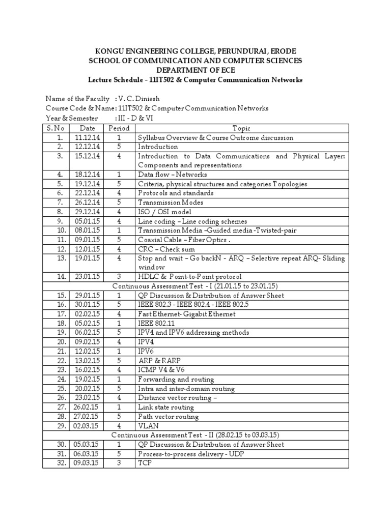 ECE Lecture Schedule: Computer Networks | PDF | Ethernet ...