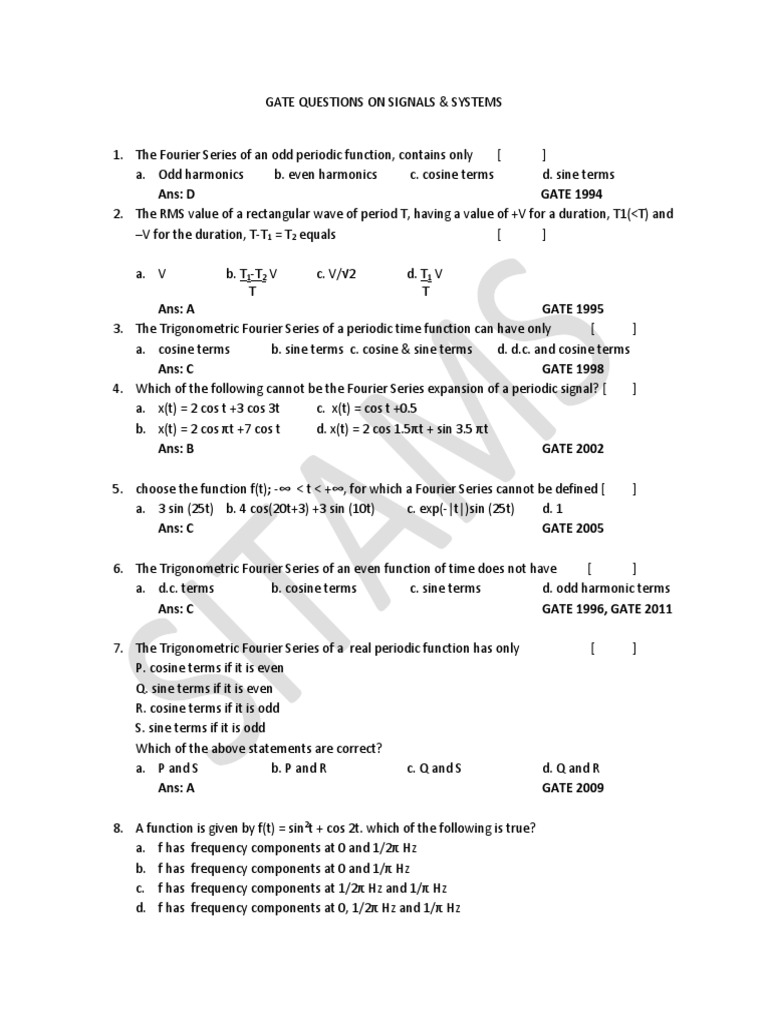 Signals & Systems Gate Complete Question Set | PDF | Trigonometric ...