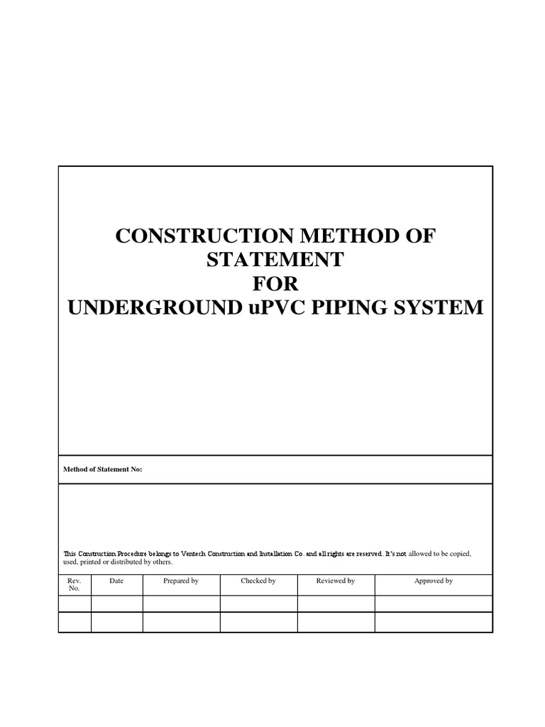 Method Statement Fo UG Sewer UPVC Piping | PDF | Polyvinyl Chloride ...