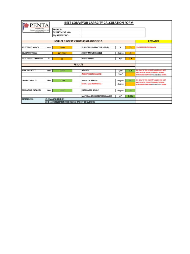 Belt Conveyor Capacity Calculation Form: Remarks Selelct / Insert ...
