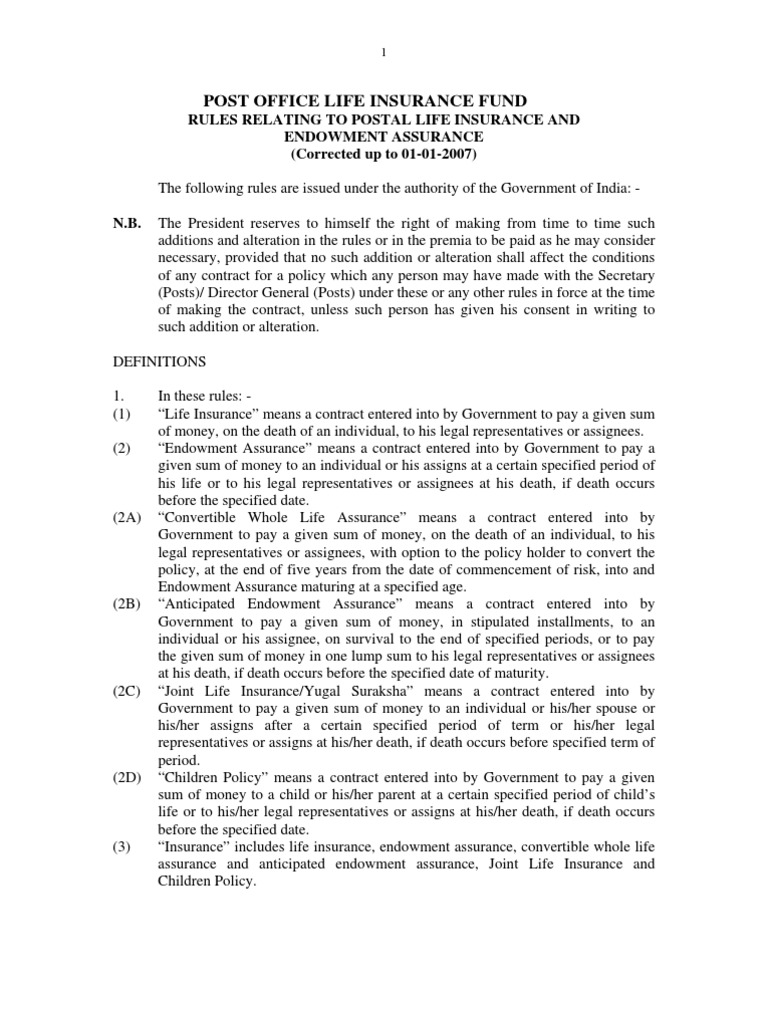Postal Life Insurance Policy Rules | PDF | Life Insurance | Assignment ...