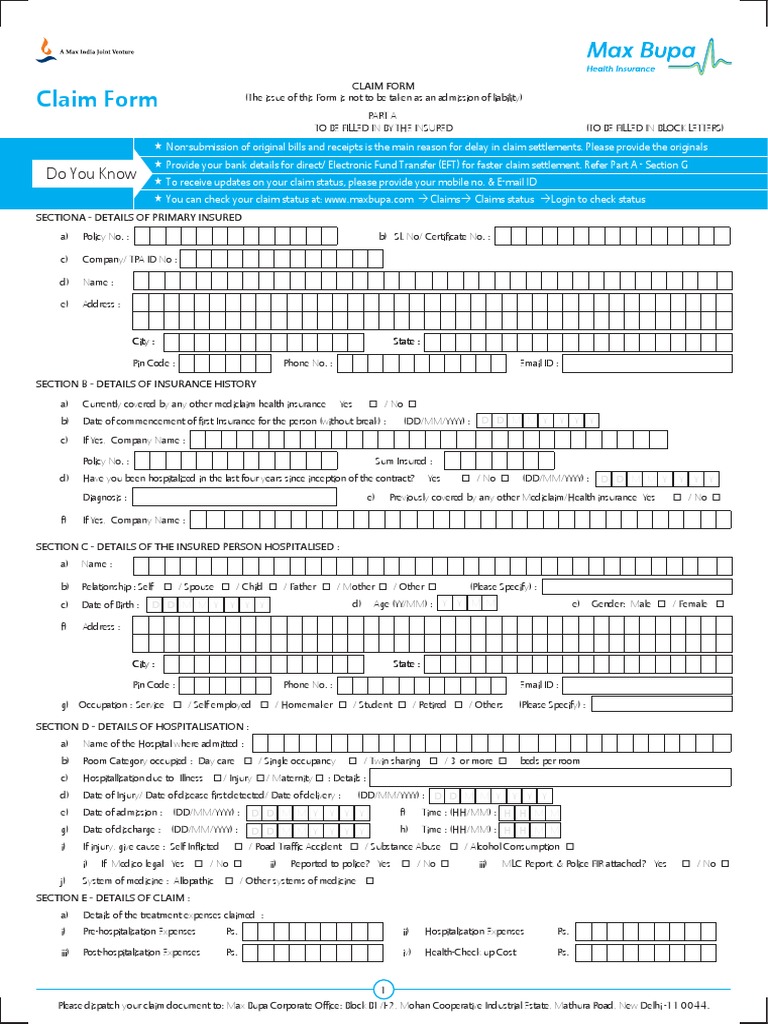 Max Bupa Claim Form New | PDF | Identity Document | Patient