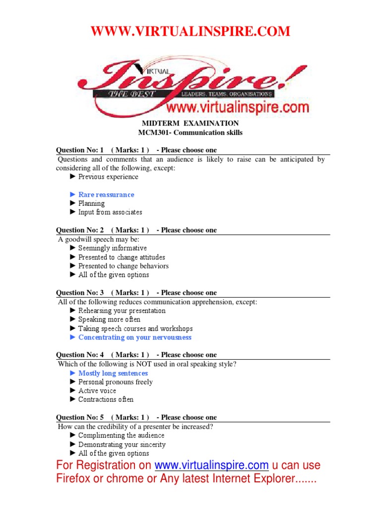 Midterm Examination For Mcm301 Communication Skills Questions Covering