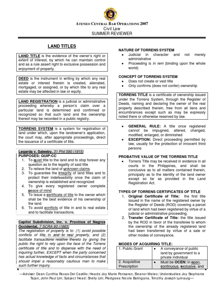 Land-Titles Ateneo Law Reviewer | PDF | Title (Property) | Judgment (Law)
