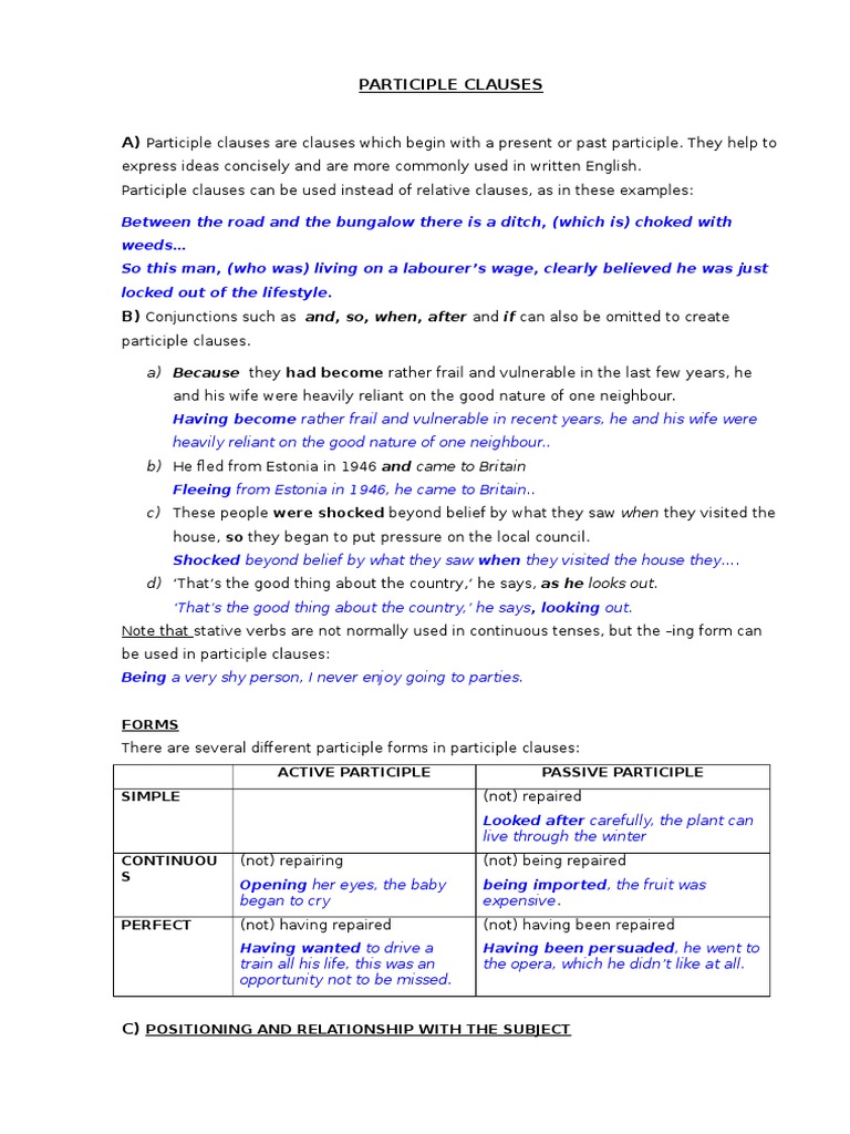 Participle Clauses (English) | PDF | Subject (Grammar) | Sentence ...