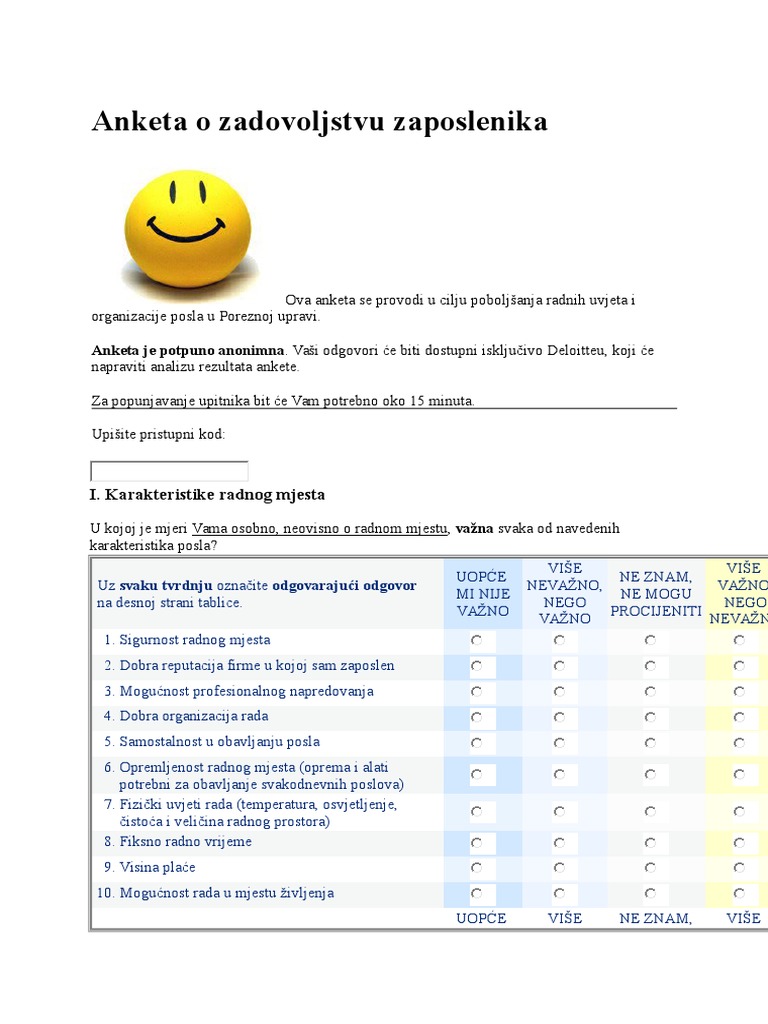 Anketa o Zadovoljstvu Zaposlenika (Anketa) | PDF