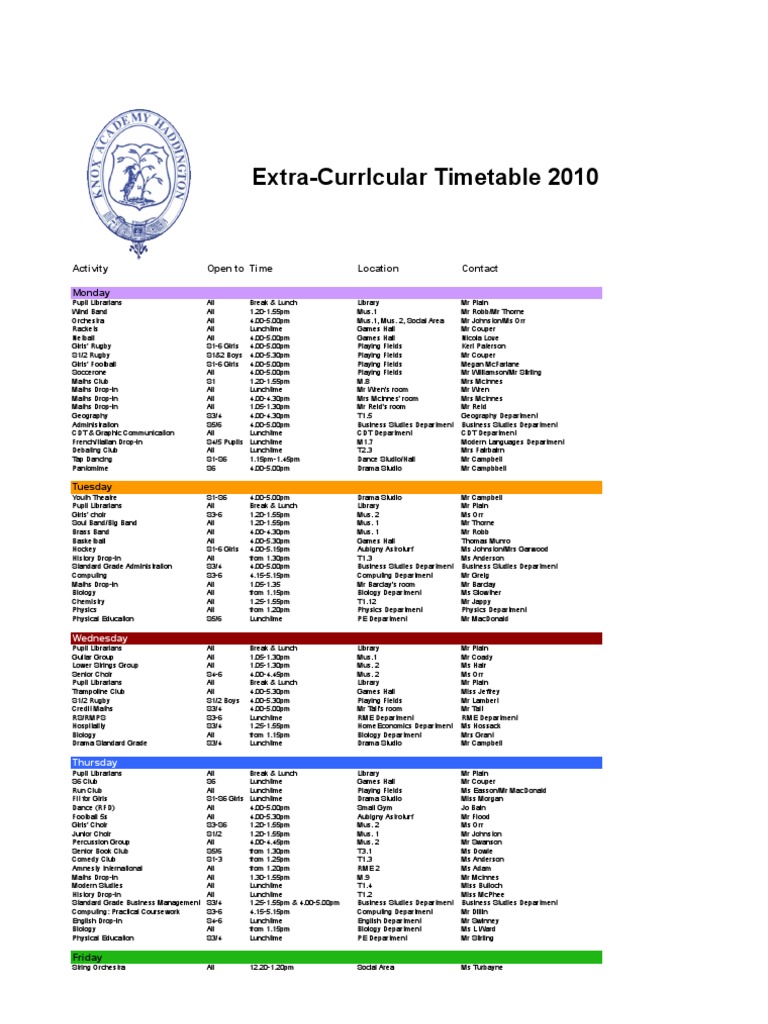 Extra-Curricular Timetable 2010 | PDF | Leisure