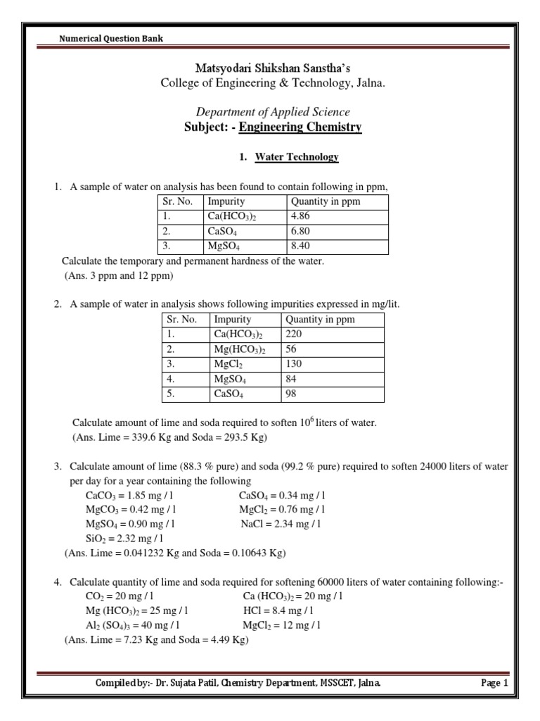 Engineering Chemistry Numerical Question Bank | PDF | Parts Per ...