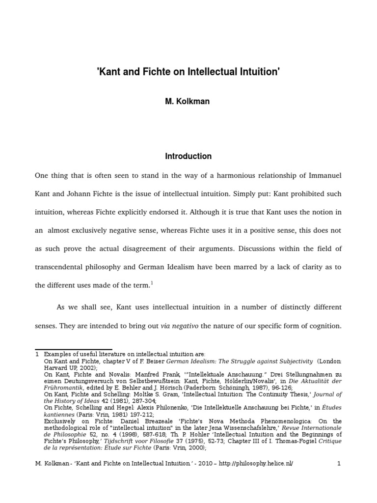 Kant and Fichte On Intellectual Intuition | PDF | Immanuel Kant | Noumenon