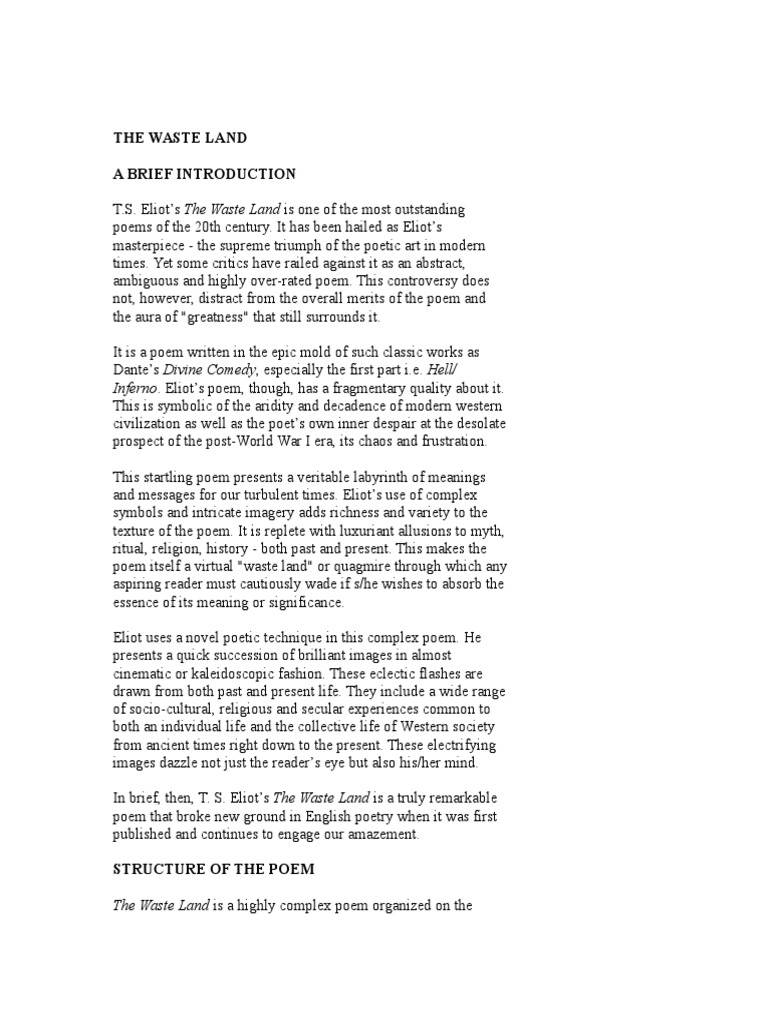 Summary Notes Waste Land | PDF | T. S. Eliot | Funeral