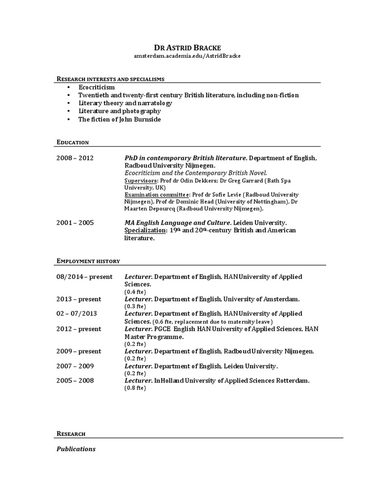 CV Astrid Bracke January 2015 | PDF | Ecocriticism | Postgraduate Education