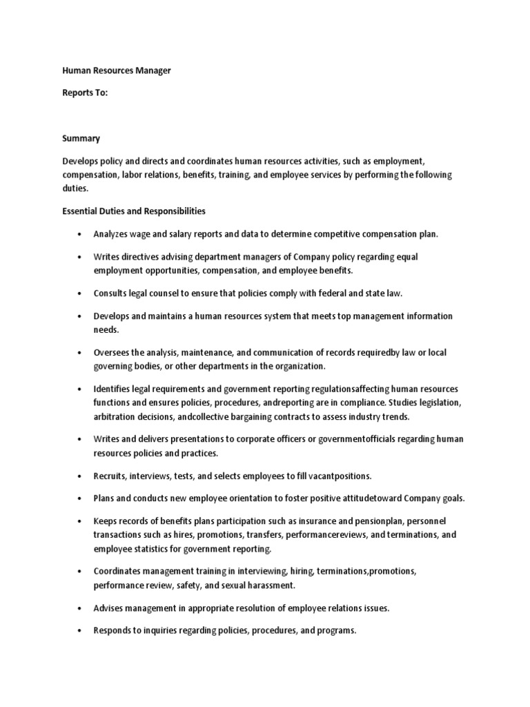 Human Resources Manager Job description | Employment | Human Resource ...