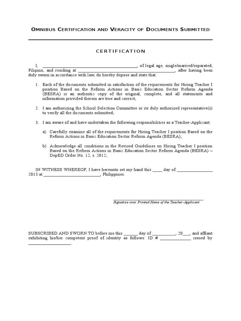 Omnibus Certification and Veracity of Documents Submitted | PDF ...
