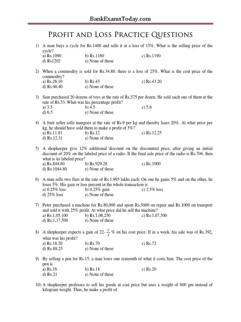 Profit and Loss Practice Questions | PDF | Prices | Rebate (Marketing)