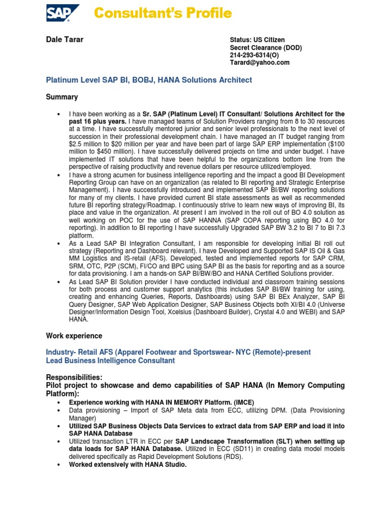 Dale Tarar - Platinum SAP BI, BOBJ, HANA Solution Architect - SAP | PDF ...