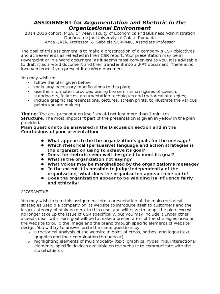 ASSIGNMENT For Argumentation and Rhetoric in The: Organizational ...