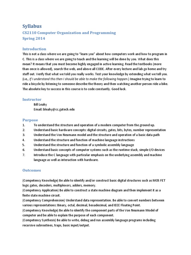 CS 2110 Syllabus | PDF | Subroutine | C (Programming Language)