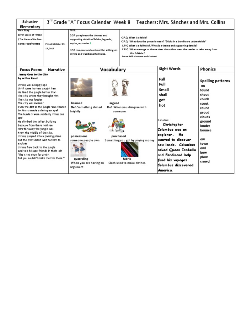3rd Grade Focus Calendar: Week 8 | PDF | General Fiction