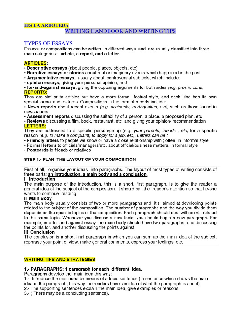 Writing Handbook: Essay Types & Tips | PDF