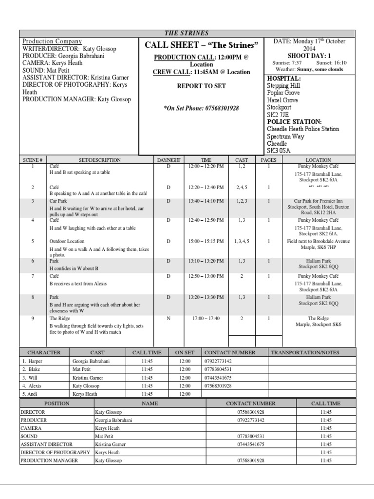 Call Sheet | PDF | Travel | Art