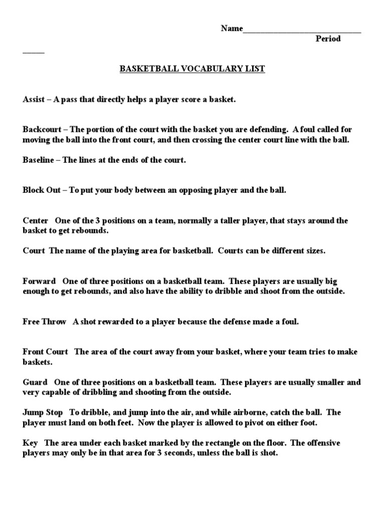 Basketball Vocabulary Notes | PDF | Basketball Positions | Team Sports