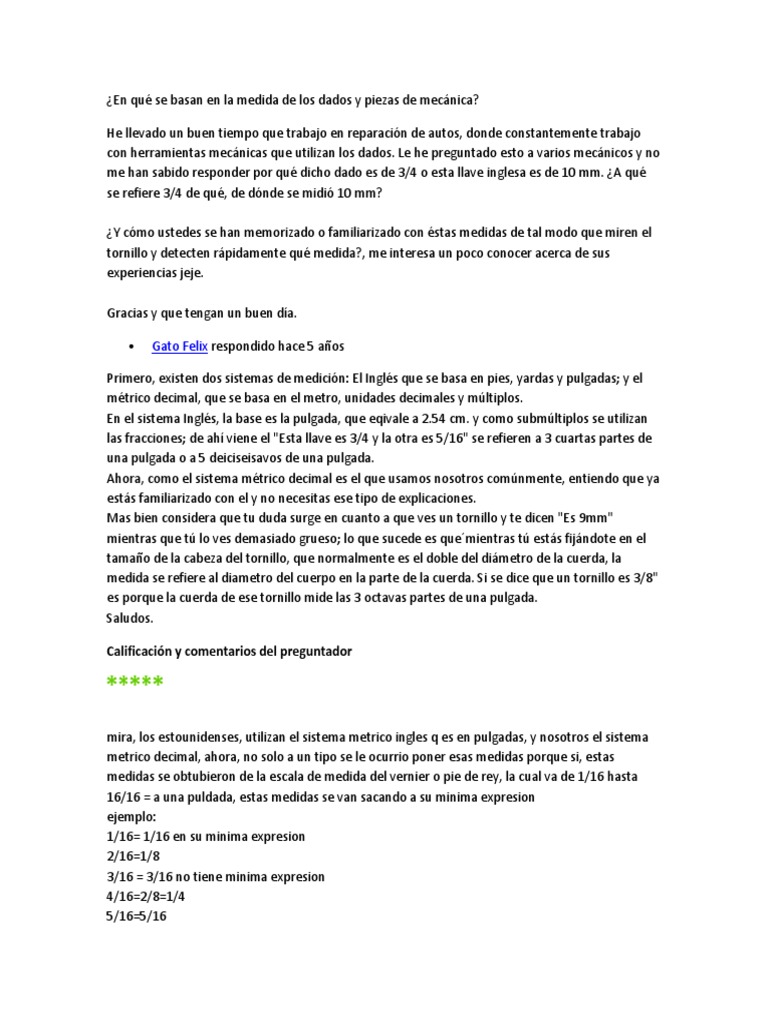 Medidas de Dados: Estándares y Usos | PDF | Pulgada | Tornillo