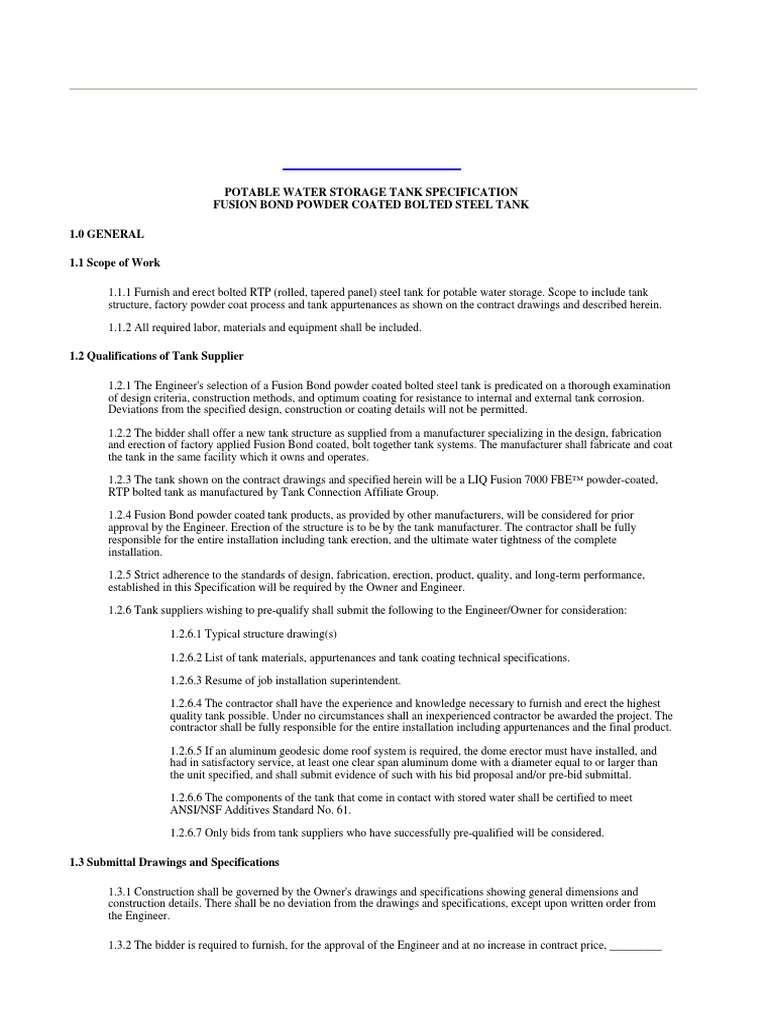 Potable Water Storage Tank Specification | PDF | Screw | Specification ...