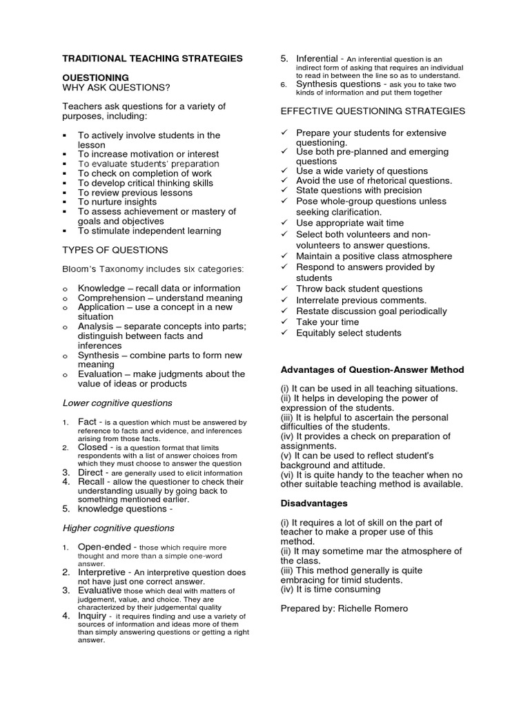 Traditional Teaching Strategies | PDF | Question | Pedagogy