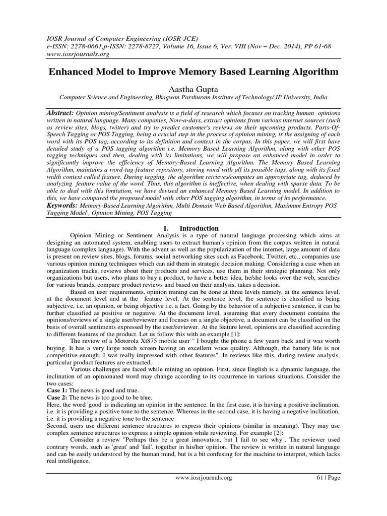 Enhanced Model To Improve Memory Based Learning Algorithm | PDF ...