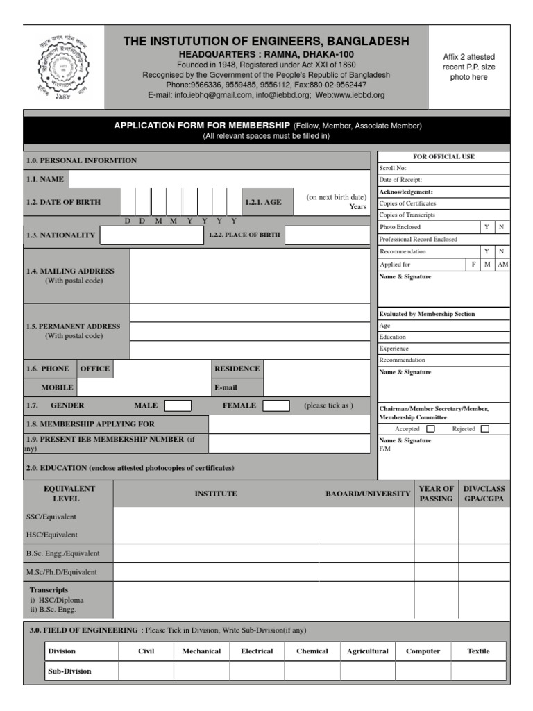 The Instutution of Engineers, Bangladesh: Application Form For ...