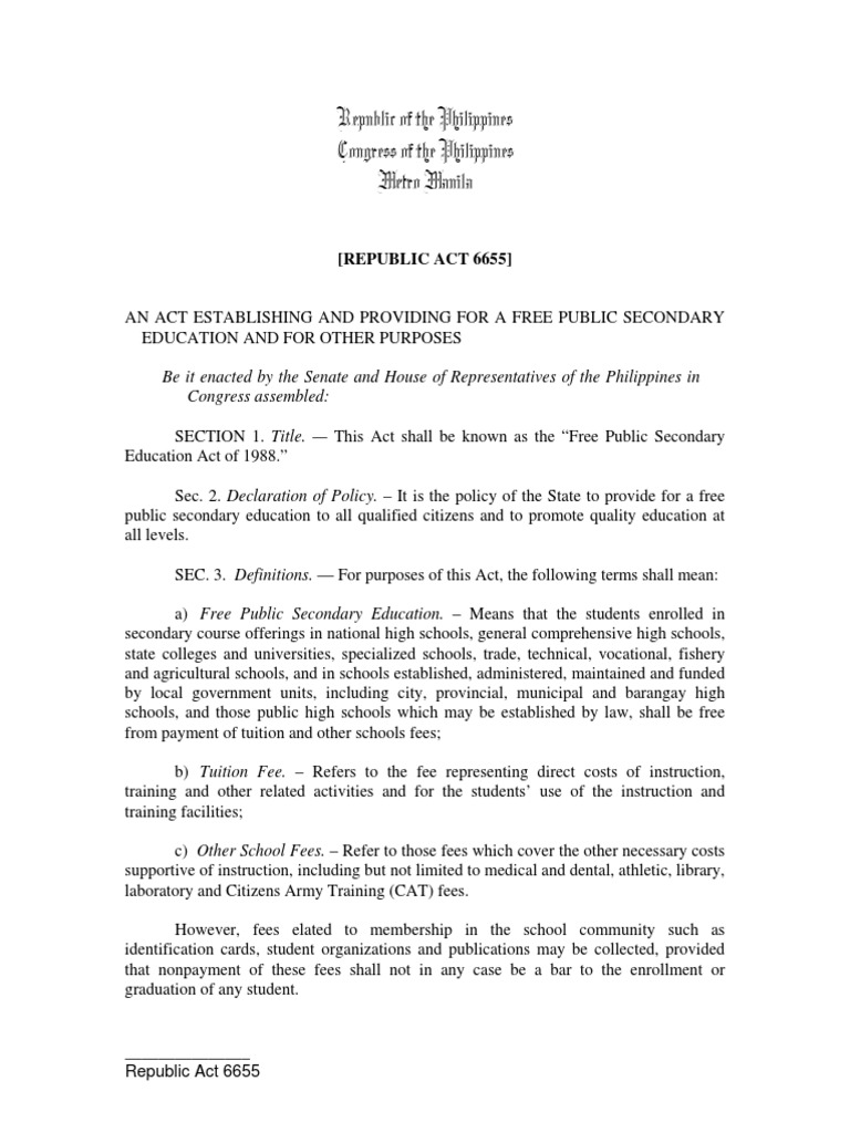Republic Act 6655 Free Public Secondary Education | PDF | Secondary ...
