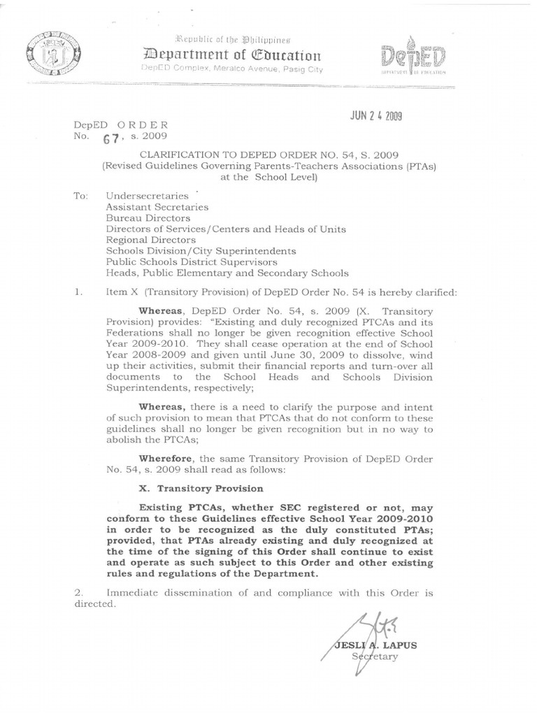 PTA Guidelines Clarif - DO No. 67, S. 2009 | PDF