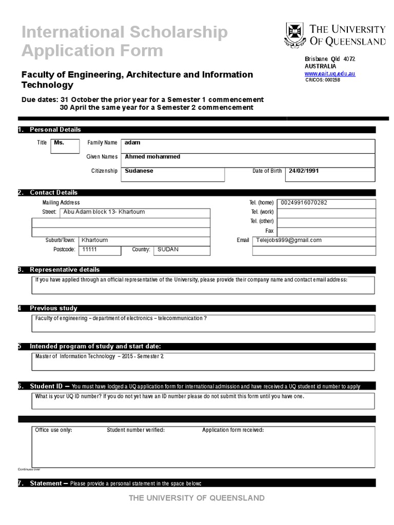UQ International Scholarship Application Form | PDF