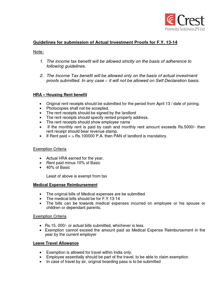 Guidelines For Submission of Investment Proofs For F Y 13-14 | PDF ...