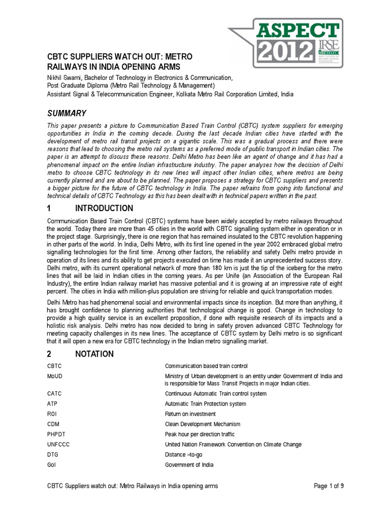 CBTC For Indian Metro Railways | PDF | Rapid Transit | Rail Transport