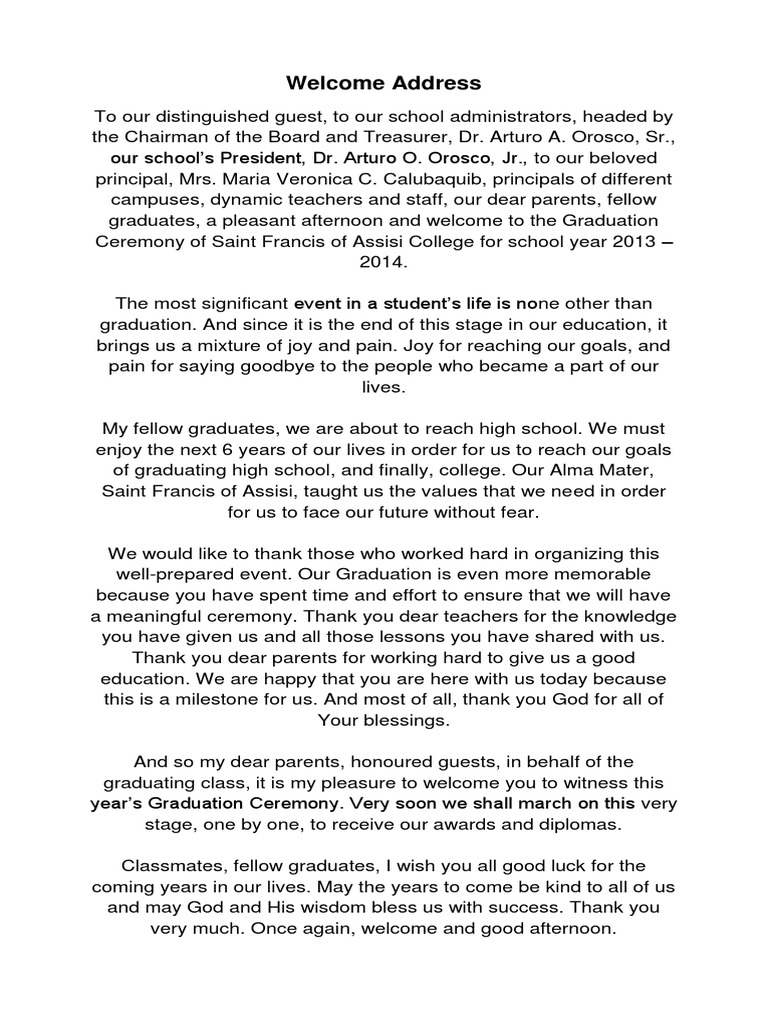 Welcome Address For Graduation | PDF | Schools