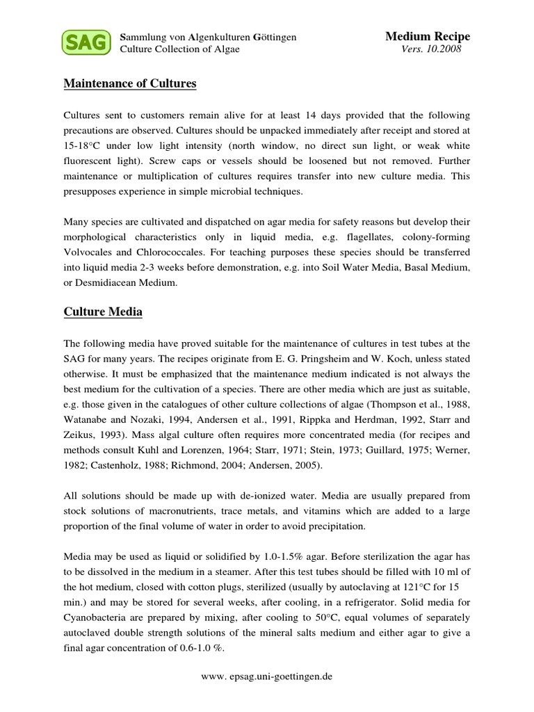 12 Unicellular Green Algae Medium | PDF | Agar | Solution