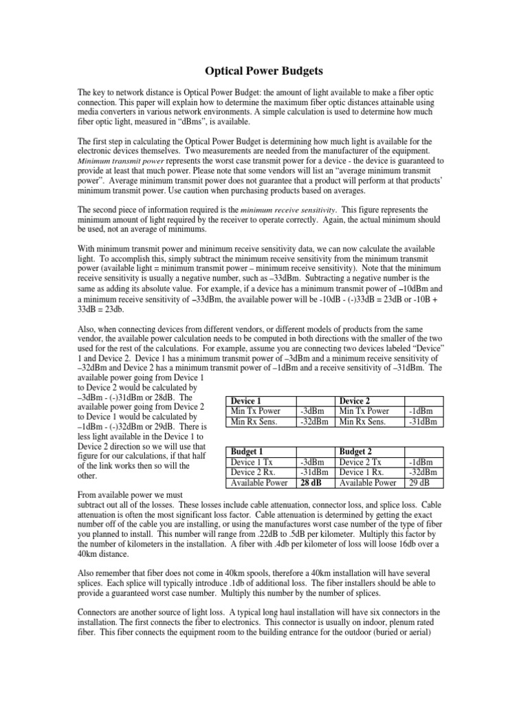 Optical Power Budget Calculator | PDF | Optical Fiber | Attenuation