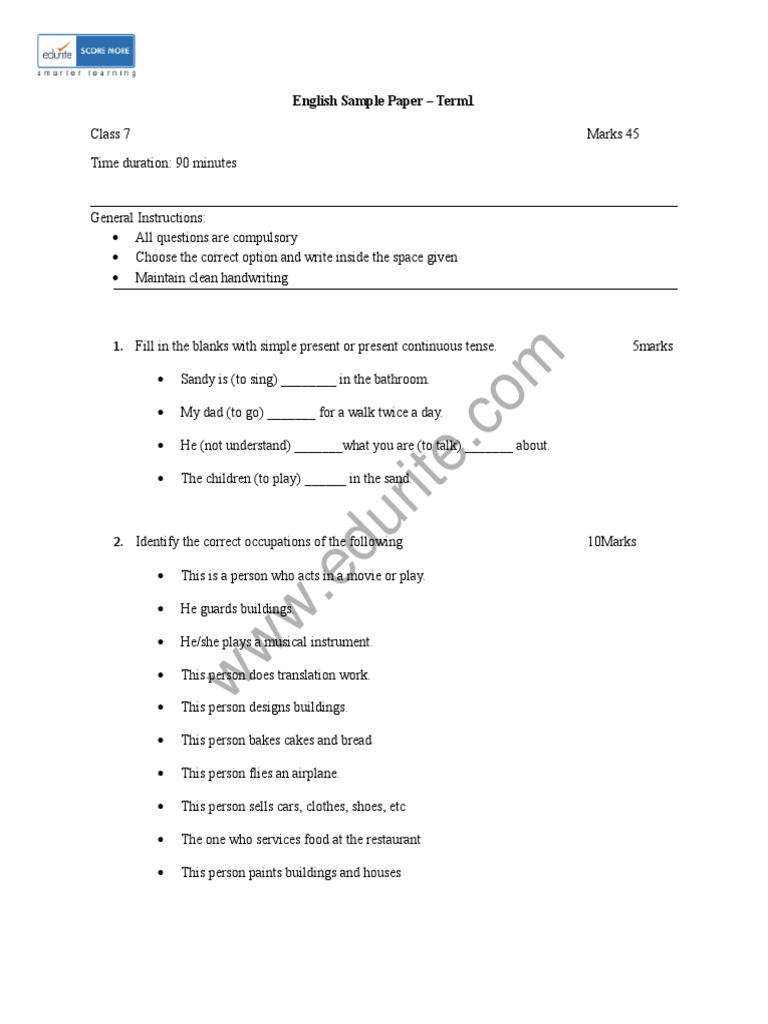 Class 7 ICSE English Sample Paper Term 1 | PDF