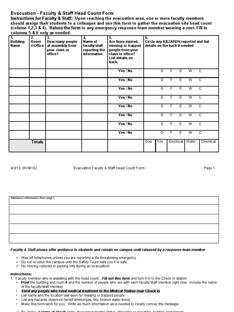 Faculty & Staff Evacuation Head Count Form | PDF | Career & Growth ...