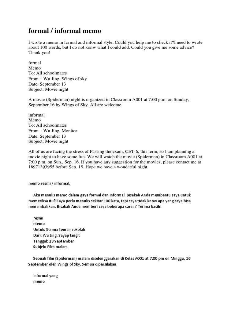 Formal Informal Memo Pdf